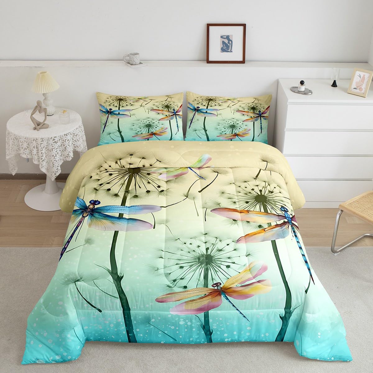 Feelyou Queen Size Pretty Dragonfly Comforter Set Boys Girls Dandelion Bedding Set for Kids Women Men Ultra Soft Teal Comforter Nutrue Quilt Set Room Decor Bedclothes