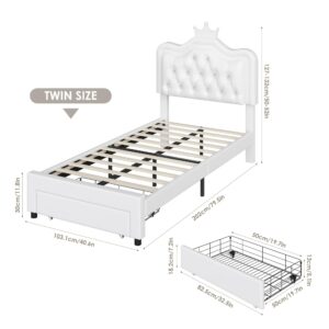 Keyluv Twin Upholstered LED Bed Frame with Storage Drawer, Leather Princess Platform Bed with Adjustable Crystal Button Tufted Crown Headboard, Solid Wooden Slats Support, No Box Spring Needed, White