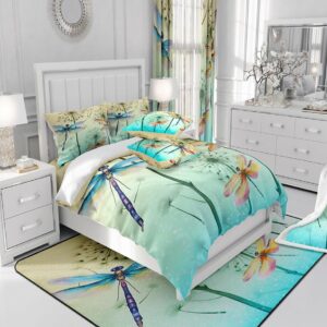 Feelyou Queen Size Pretty Dragonfly Comforter Set Boys Girls Dandelion Bedding Set for Kids Women Men Ultra Soft Teal Comforter Nutrue Quilt Set Room Decor Bedclothes