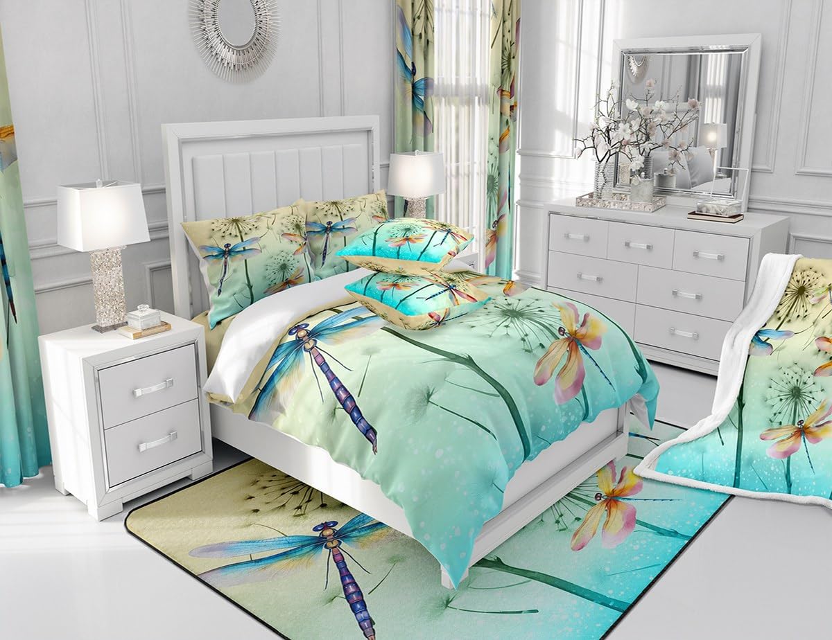 Feelyou Queen Size Pretty Dragonfly Comforter Set Boys Girls Dandelion Bedding Set for Kids Women Men Ultra Soft Teal Comforter Nutrue Quilt Set Room Decor Bedclothes