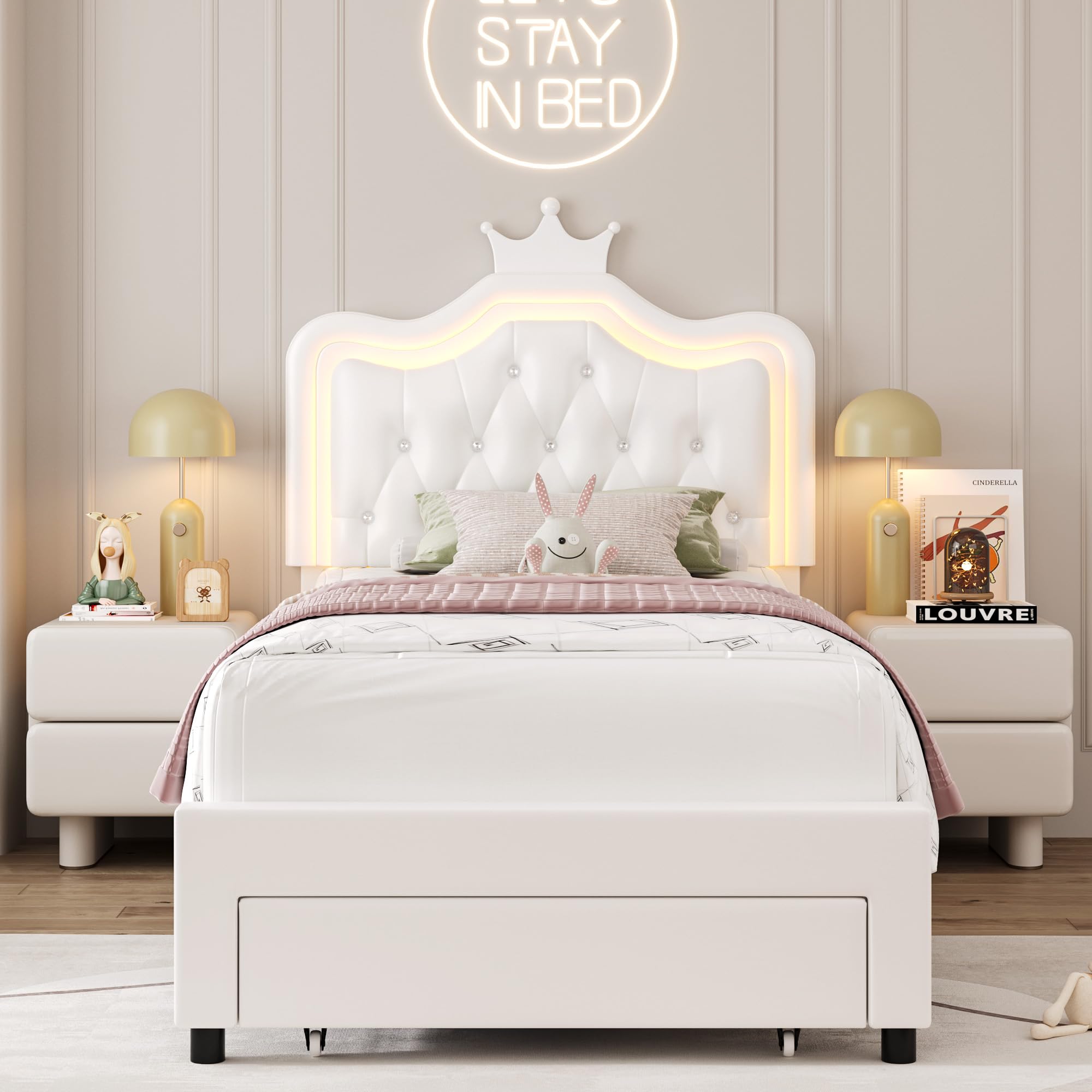 Keyluv Twin Upholstered LED Bed Frame with Storage Drawer, Leather Princess Platform Bed with Adjustable Crystal Button Tufted Crown Headboard, Solid Wooden Slats Support, No Box Spring Needed, White