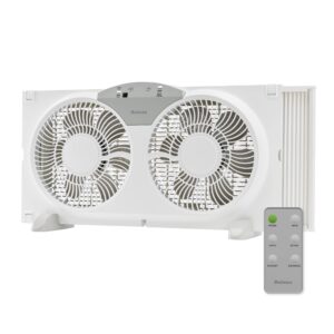 holmes 9" twin digital window fan, reversible airflow blades, in/out exchange, 3 speeds, built-in extender panels, ideal for home, bedroom or office, remote control, white