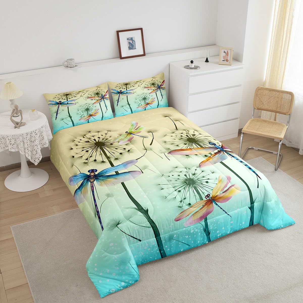 Feelyou Queen Size Pretty Dragonfly Comforter Set Boys Girls Dandelion Bedding Set for Kids Women Men Ultra Soft Teal Comforter Nutrue Quilt Set Room Decor Bedclothes