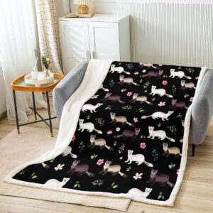 Erosebridal Cute Ferret Fleece Blanket Pink Cherry Blossoms Throw Blanket for Bed for Girls Women, White Brown Ferrets Sherpa Blanket Chic Flower Floral Blanket, Black Green Flannel Blanket Super Cozy