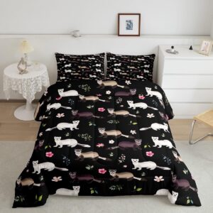 Cute Ferret Bedding King Pink Cherry Blossoms Comforter Set for Girls Women, White Brown Ferrets Down Comforter Chic Flower Floral Bedding Comforter Sets, Black Green Duvet Insert Super Cozy