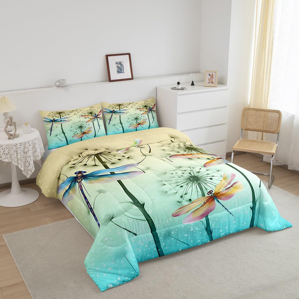 Feelyou Queen Size Pretty Dragonfly Comforter Set Boys Girls Dandelion Bedding Set for Kids Women Men Ultra Soft Teal Comforter Nutrue Quilt Set Room Decor Bedclothes