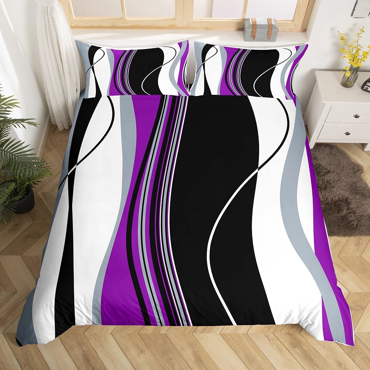 Feelyou Purple and Gray Black White Duvet Cover Modern Abstract Geometric Bedding Set for Kids Boys Girls Teens Stripe Line Pattern Room Decor Comforter Cover Set Queen Size Bedspread Cover 3Pcs