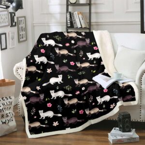 erosebridal cute ferret fleece blanket pink cherry blossoms throw blanket for bed for girls women, white brown ferrets sherpa blanket chic flower floral blanket, black green flannel blanket super cozy