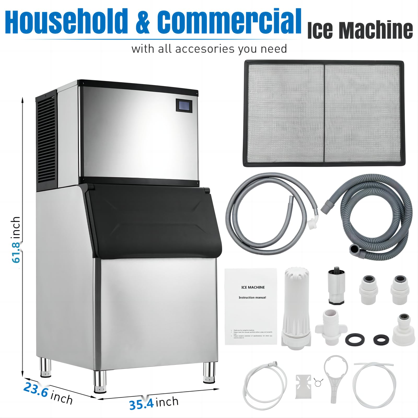 Commercial Ice Maker Machine 350LBS/24H, 310LBS Large Storage Bin, 14x13 Ice Cube, Stainless Steel, for Restaurant/Bar/Business…