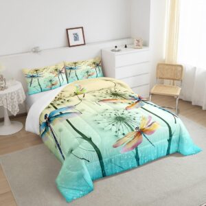 Feelyou Queen Size Pretty Dragonfly Comforter Set Boys Girls Dandelion Bedding Set for Kids Women Men Ultra Soft Teal Comforter Nutrue Quilt Set Room Decor Bedclothes