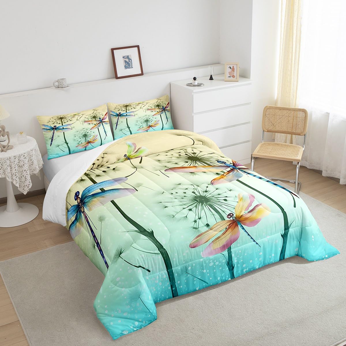 Feelyou Queen Size Pretty Dragonfly Comforter Set Boys Girls Dandelion Bedding Set for Kids Women Men Ultra Soft Teal Comforter Nutrue Quilt Set Room Decor Bedclothes