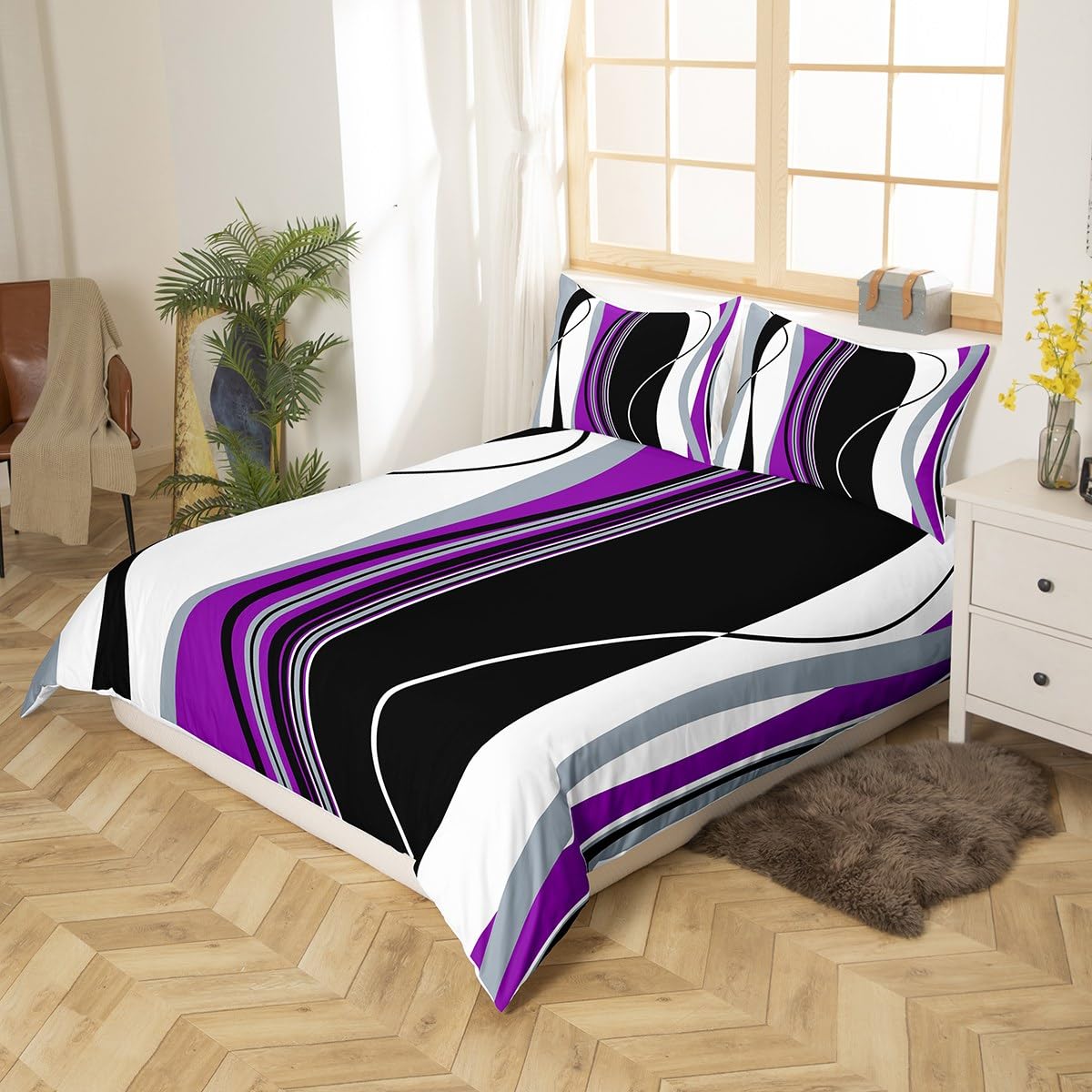 Feelyou Purple and Gray Black White Duvet Cover Modern Abstract Geometric Bedding Set for Kids Boys Girls Teens Stripe Line Pattern Room Decor Comforter Cover Set Queen Size Bedspread Cover 3Pcs