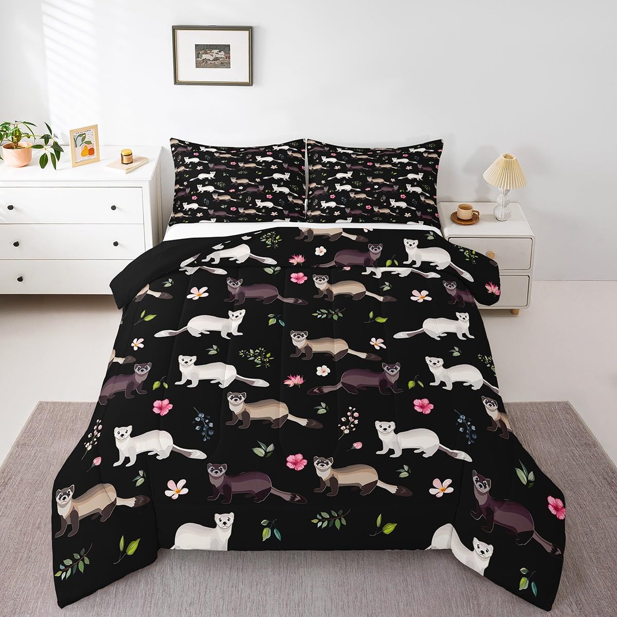 Cute Ferret Bedding King Pink Cherry Blossoms Comforter Set for Girls Women, White Brown Ferrets Down Comforter Chic Flower Floral Bedding Comforter Sets, Black Green Duvet Insert Super Cozy