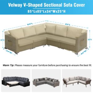 Velway Patio Sectional Sofa Cover V-Shaped Waterproof Super Windproof Sectional Couch Cover 85"x85" for Outdoor Garden Heavy-Duty UV Resistant Furniture Cover with 2 Air Vents Camel