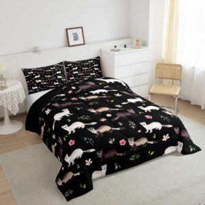 Cute Ferret Bedding King Pink Cherry Blossoms Comforter Set for Girls Women, White Brown Ferrets Down Comforter Chic Flower Floral Bedding Comforter Sets, Black Green Duvet Insert Super Cozy