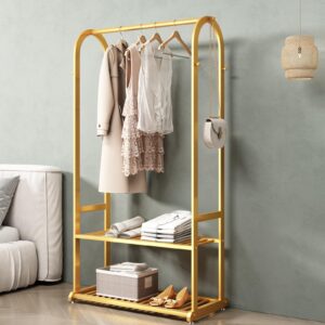 buzuey gold clothing rack,heavy duty clothes rack,small clothing racks for hanging clothes,wardrobe rack,rack for clothes to hang,garment rack with bottom shelves,hanging racks for clothes(l:31.5in)