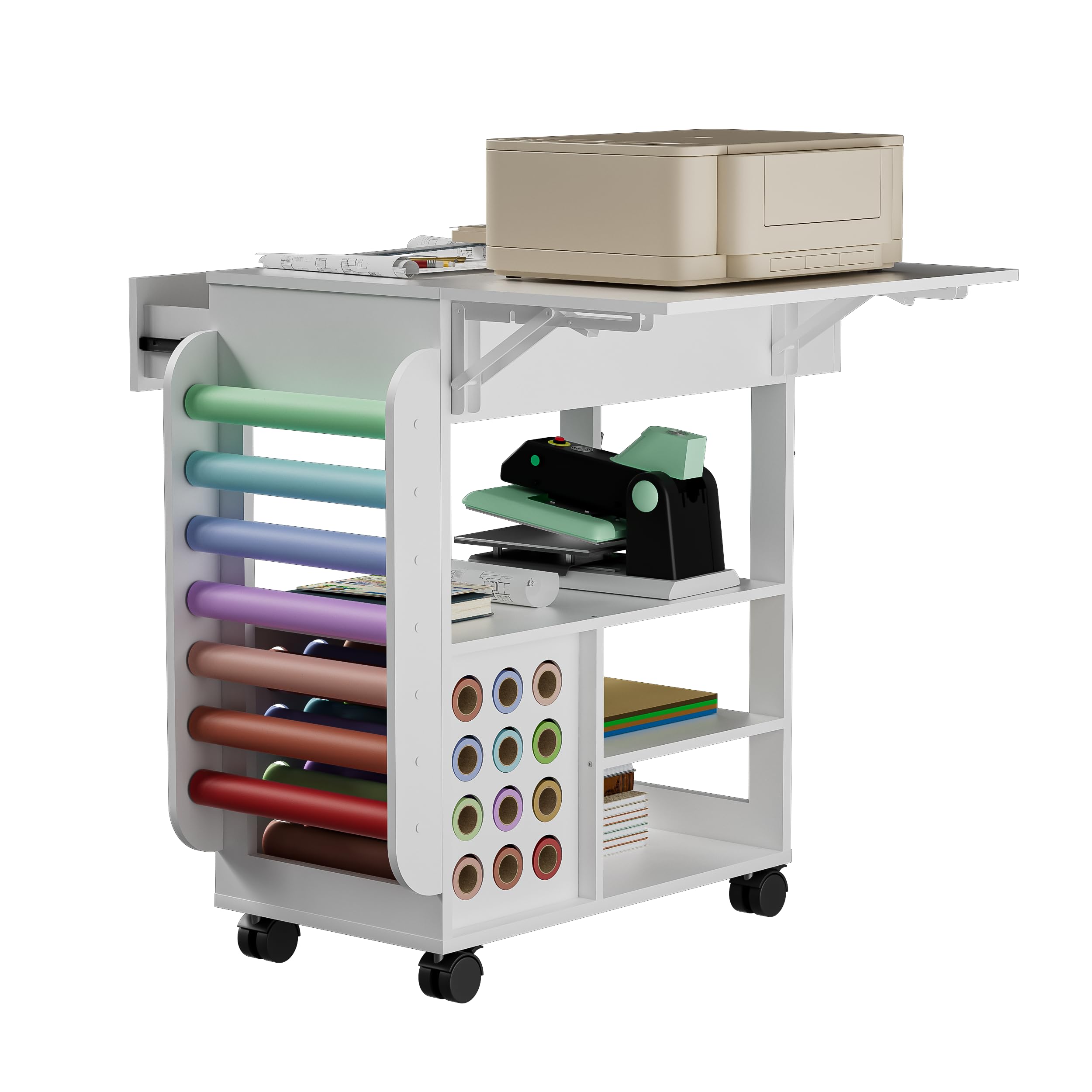 PAKASEPT Organization and Storage Cart Compatible with Cricut Machine, Rolling Craft Organizer with Vinyl Roll Holder and Widen Foldable Desktop for Craft Room Home