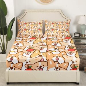 Erosebridal Kawaii Corgi Dog Bed Sheet Cute Puppy Animals Pattern 4 Piece Bed Sheets for Kids Teens Boys Girls, Cartoon Apple Decor Sheet Set Happy Pet Dog Sheets for Dog Lover, Full Size