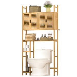 cozivolife over the toilet storage cabinet with toilet paper holder stand,bamboo bathroom organizer shelf with four door and waterproof feet pad,space saver storage rack with anti-tip design (natural)