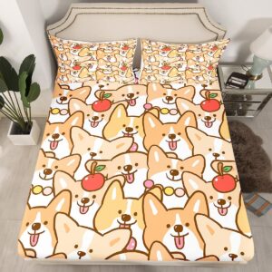 Erosebridal Kawaii Corgi Dog Bed Sheet Cute Puppy Animals Pattern 4 Piece Bed Sheets for Kids Teens Boys Girls, Cartoon Apple Decor Sheet Set Happy Pet Dog Sheets for Dog Lover, Full Size