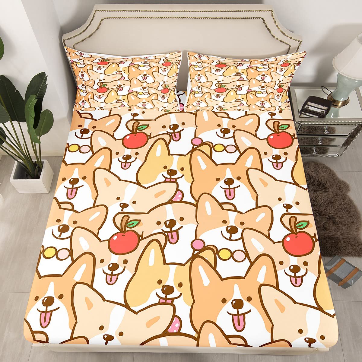 Erosebridal Kawaii Corgi Dog Bed Sheet Cute Puppy Animals Pattern 4 Piece Bed Sheets for Kids Teens Boys Girls, Cartoon Apple Decor Sheet Set Happy Pet Dog Sheets for Dog Lover, Full Size