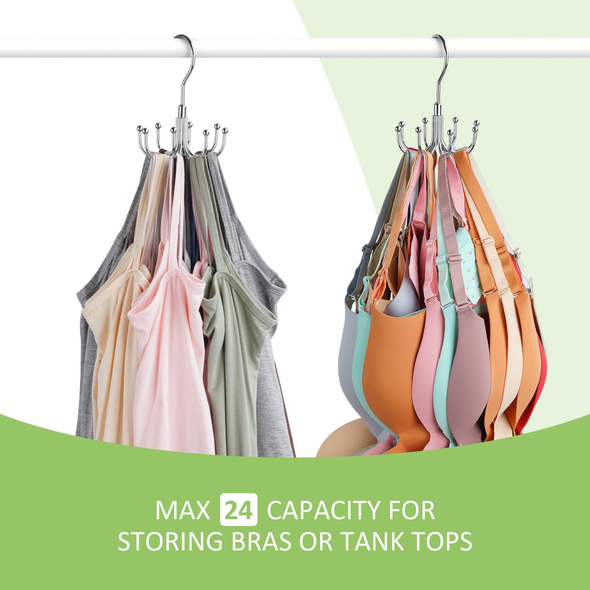 OMHOMETY Bra Hanger for Closet, Tank Top Organizer, Max 24 Capacity Rotatable Metal Space Saving Hanger Sport Bra Storage, Silver 1 Pack