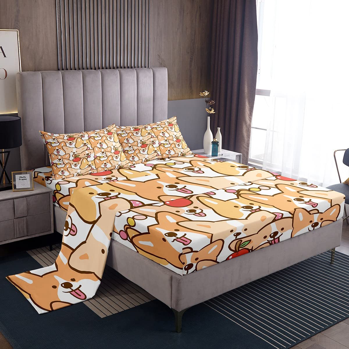 Erosebridal Kawaii Corgi Dog Bed Sheet Cute Puppy Animals Pattern 4 Piece Bed Sheets for Kids Teens Boys Girls, Cartoon Apple Decor Sheet Set Happy Pet Dog Sheets for Dog Lover, Full Size