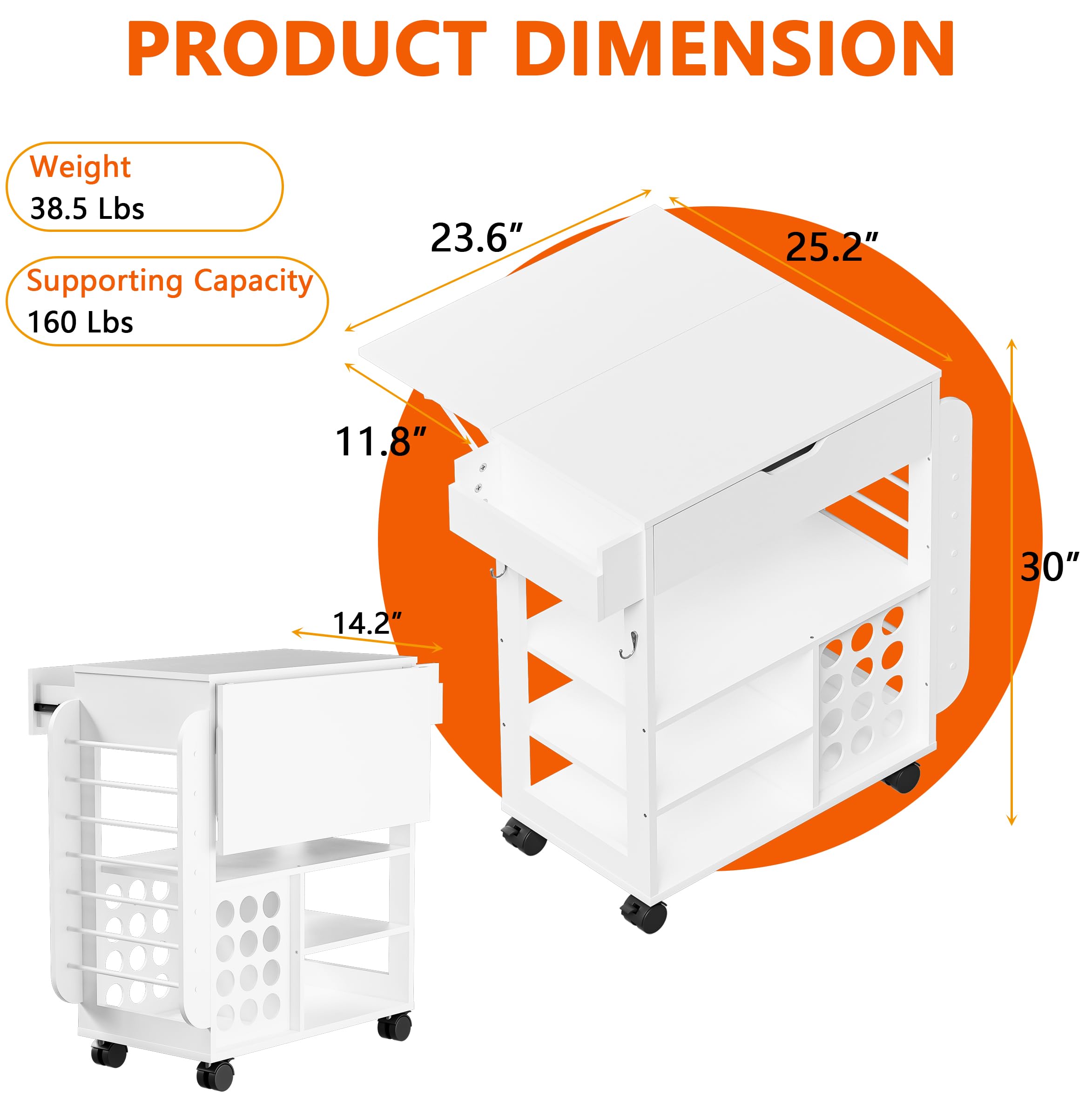 PAKASEPT Organization and Storage Cart Compatible with Cricut Machine, Rolling Craft Organizer with Vinyl Roll Holder and Widen Foldable Desktop for Craft Room Home