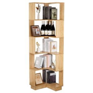 tonchean 5-tier corner bookshelf 69" tall modern wooden corner bookcase l-shaped shelf storage display rack for bedroom, living room, home office