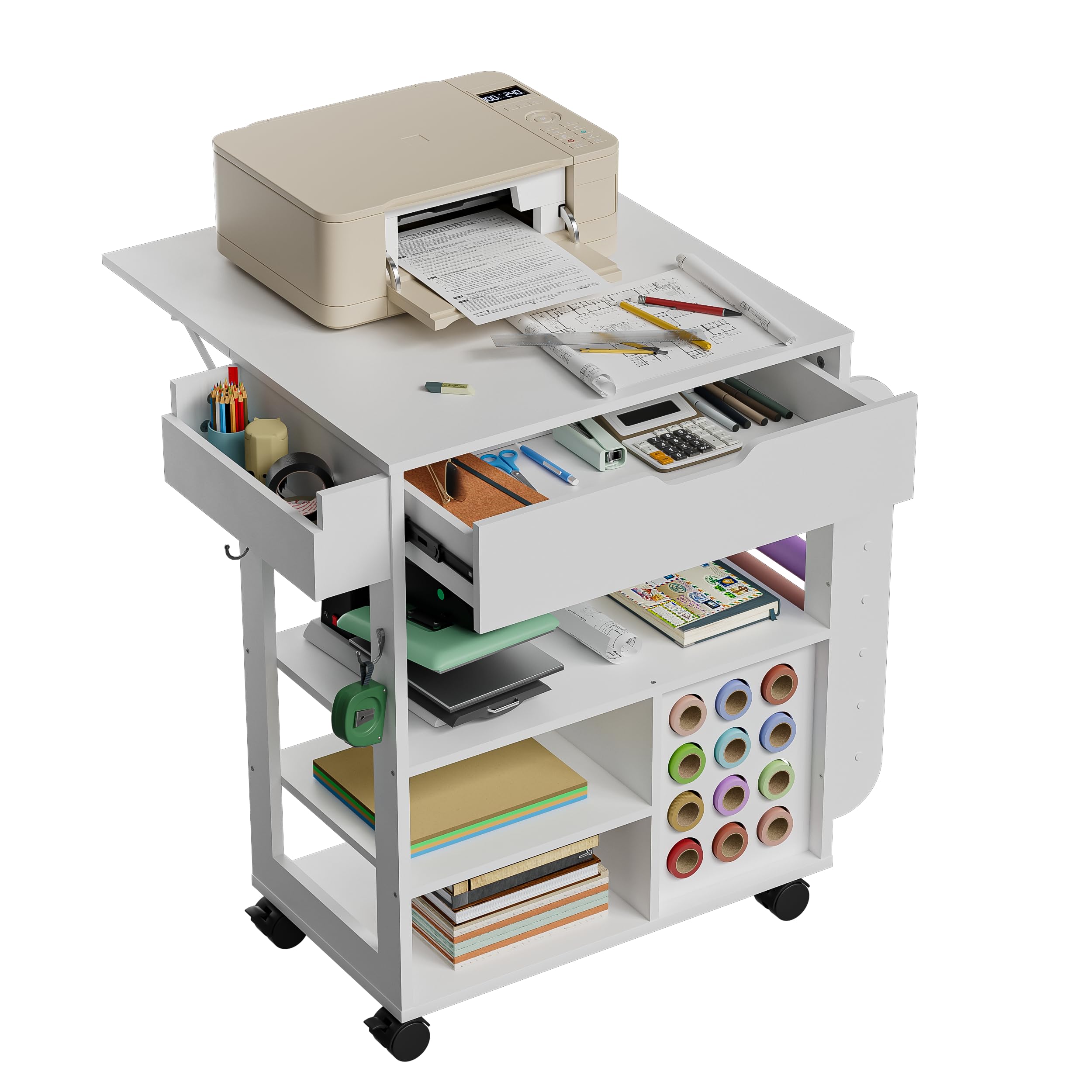 PAKASEPT Organization and Storage Cart Compatible with Cricut Machine, Rolling Craft Organizer with Vinyl Roll Holder and Widen Foldable Desktop for Craft Room Home