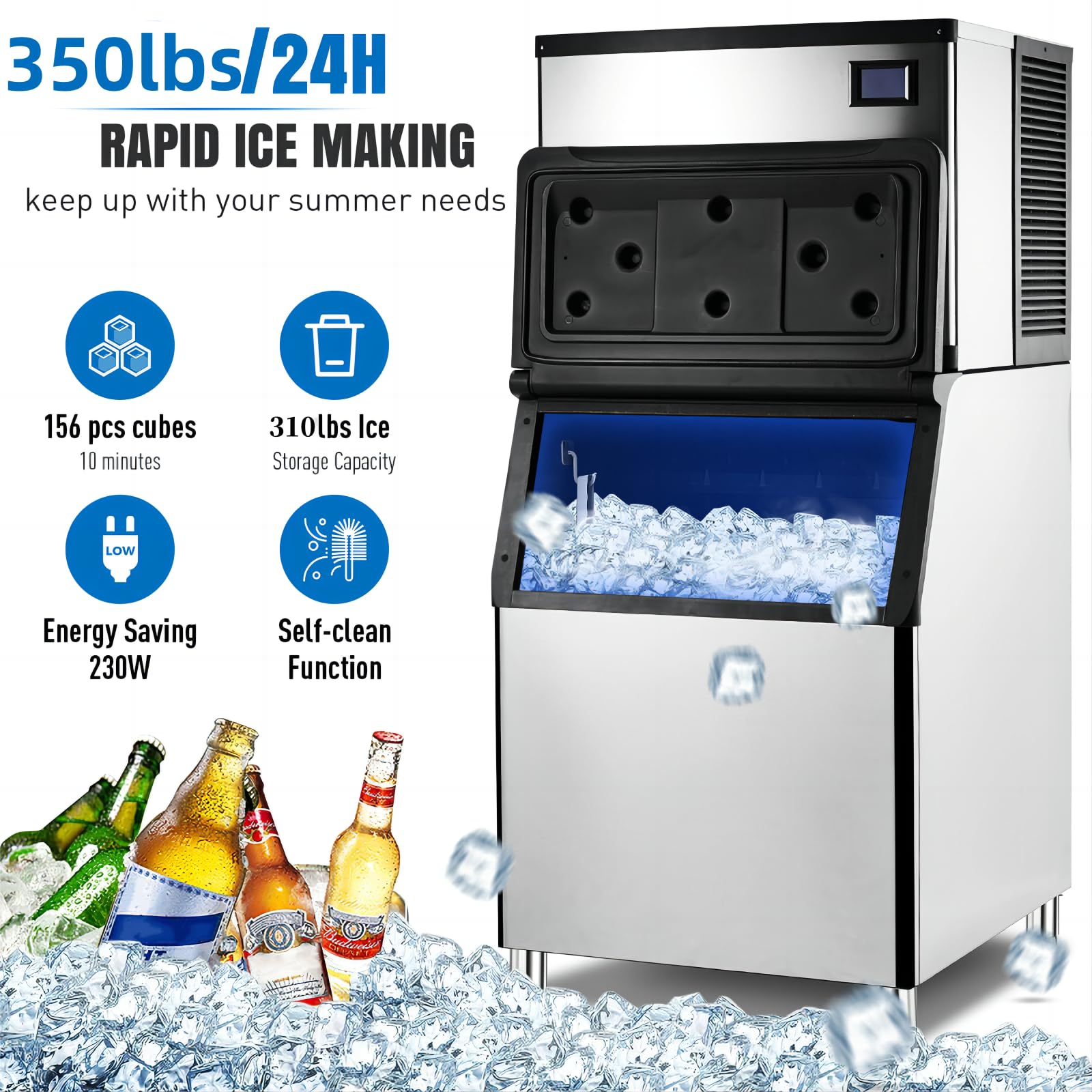 Commercial Ice Maker Machine 350LBS/24H, 310LBS Large Storage Bin, 14x13 Ice Cube, Stainless Steel, for Restaurant/Bar/Business…