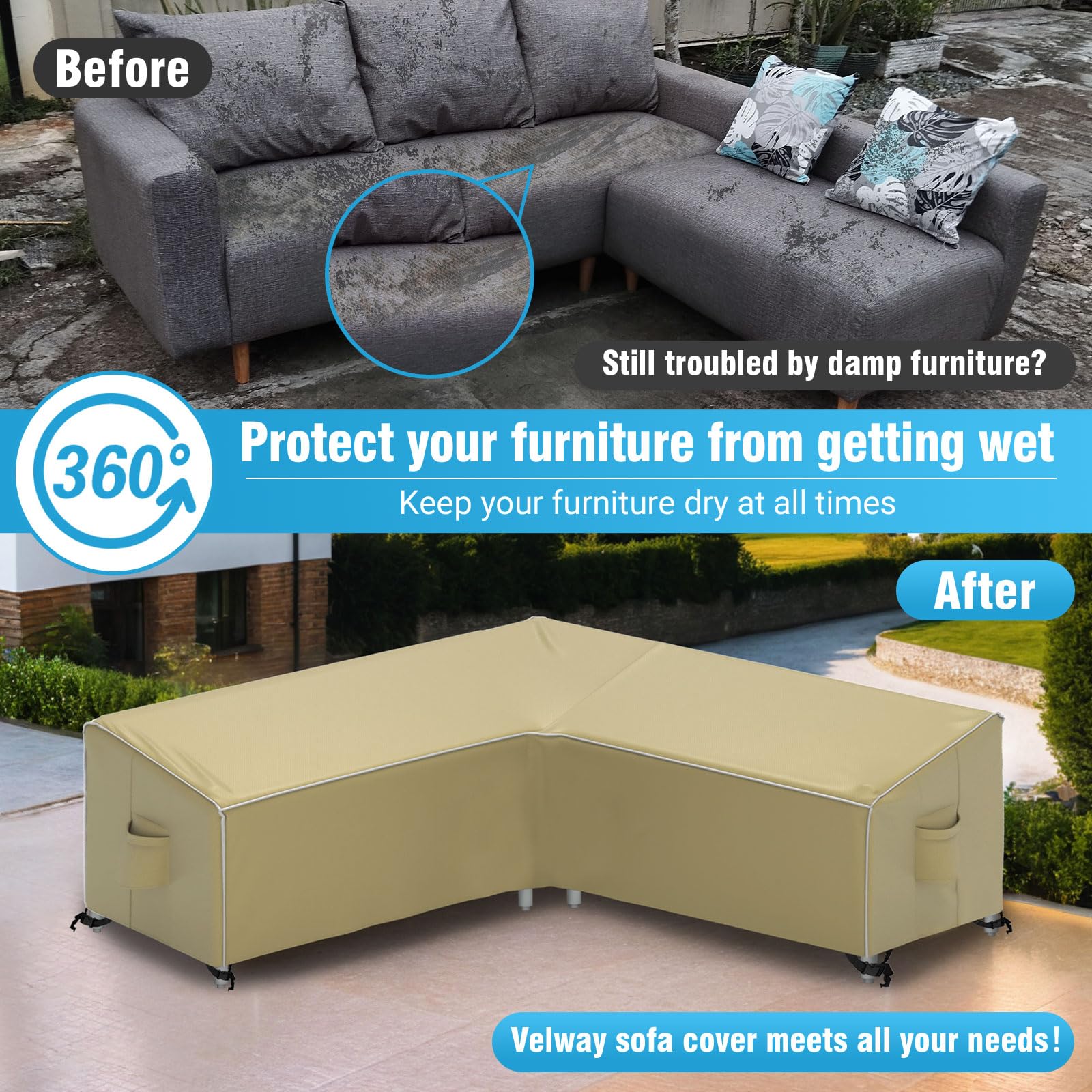 Velway Patio Sectional Sofa Cover V-Shaped Waterproof Super Windproof Sectional Couch Cover 85"x85" for Outdoor Garden Heavy-Duty UV Resistant Furniture Cover with 2 Air Vents Camel