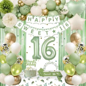 sweet 16 party decorations, sage green 16th birthday decorations for girls sweet 16 birthday banner green gold balloons crown sash fringe curtain tablecloth cake topper for girls 16th birthday decor