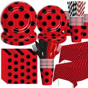 xenorik ladybug birthday party decorations tableware - ladybug party supplies, plate, cup, napkin, tablecloth, cutlery, straw, lady bug theme 1st 2nd 3rd birthday baby shower decorations | serve 24