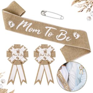 lopeastar neutral burlap mom to be sash dad to be pin baby shower decorations, rustic boho mommy to be sash baby shower corsage pin set for pregnant mommy gift party decorations