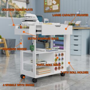 PAKASEPT Organization and Storage Cart Compatible with Cricut Machine, Rolling Craft Organizer with Vinyl Roll Holder and Widen Foldable Desktop for Craft Room Home