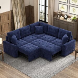 pull out couch sectional sleeper sofa couch with pull out bed convertible sofa bed with usb ports and power sockets l shaped couch for living room, navy blue