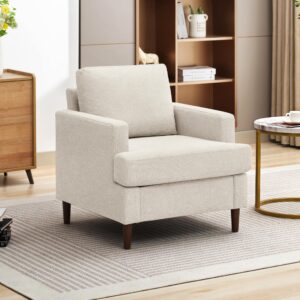 weture mid-century accent chair,modern linen fabric armchair for living room,comfy upholstered reading accent chairs for bedroom,single sofa chair with wood legs (beige, 1 pack)