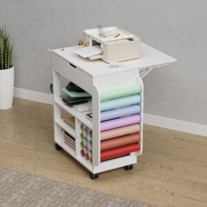 PAKASEPT Organization and Storage Cart Compatible with Cricut Machine, Rolling Craft Organizer with Vinyl Roll Holder and Widen Foldable Desktop for Craft Room Home