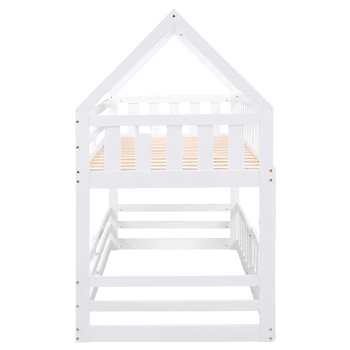 RORIGAT House Low Bunk Bed for Kids,Twin Over Twin Floor Bunk Bed with Fence Railings and Door,Wooden Convertible Playhouse Loft Beds with Ladder for Boys Girls Teens,White