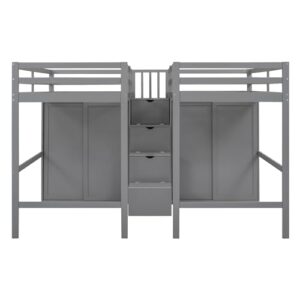 BOVZA Double Twin Size Loft Bed with Storage Stairs and 2 Wardrobes, Wood Loft Bed Frame with Staircase for 2 Kids Girls Boys Teens, Gray