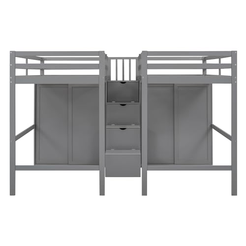 BOVZA Double Twin Size Loft Bed with Storage Stairs and 2 Wardrobes, Wood Loft Bed Frame with Staircase for 2 Kids Girls Boys Teens, Gray