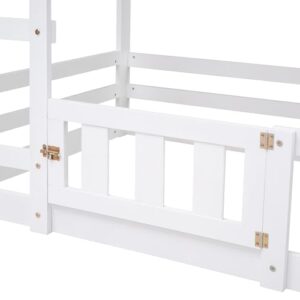 RORIGAT House Low Bunk Bed for Kids,Twin Over Twin Floor Bunk Bed with Fence Railings and Door,Wooden Convertible Playhouse Loft Beds with Ladder for Boys Girls Teens,White