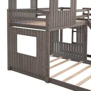 BOVZA House Bunk Beds with Slide, Wood Twin Over Full L-Shaped Bunk Beds with Roof, Windows, Ladder and Guardrails for Kids Teens Girls Boys, Antique Gray