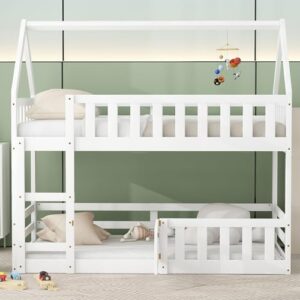 RORIGAT House Low Bunk Bed for Kids,Twin Over Twin Floor Bunk Bed with Fence Railings and Door,Wooden Convertible Playhouse Loft Beds with Ladder for Boys Girls Teens,White