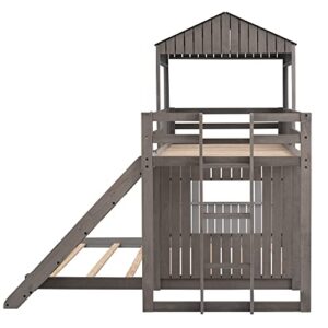 BOVZA House Bunk Beds with Slide, Wood Twin Over Full L-Shaped Bunk Beds with Roof, Windows, Ladder and Guardrails for Kids Teens Girls Boys, Antique Gray