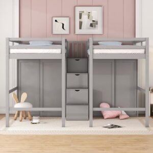 bovza double twin size loft bed with storage stairs and 2 wardrobes, wood loft bed frame with staircase for 2 kids girls boys teens, gray