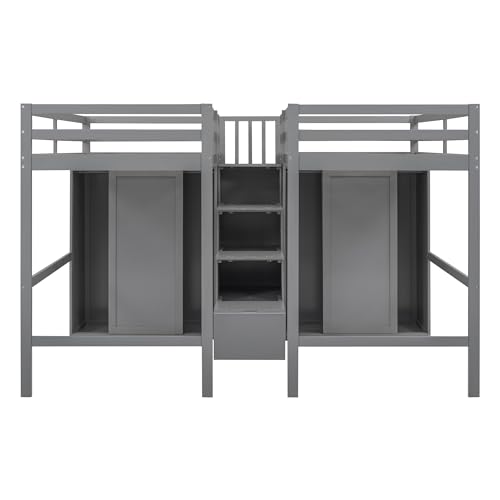 BOVZA Double Twin Size Loft Bed with Storage Stairs and 2 Wardrobes, Wood Loft Bed Frame with Staircase for 2 Kids Girls Boys Teens, Gray