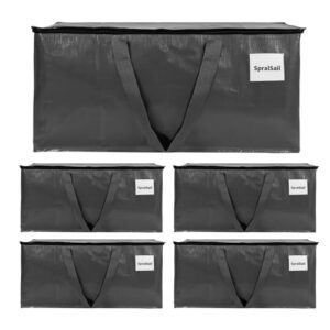 spralsail moving bags, 93l extra large storage bags with zippers & handles, waterproof totes for storage clothes, bedding & blankets, collapsible packing bags with clear tag pocket - 93l, 5 pack, grey