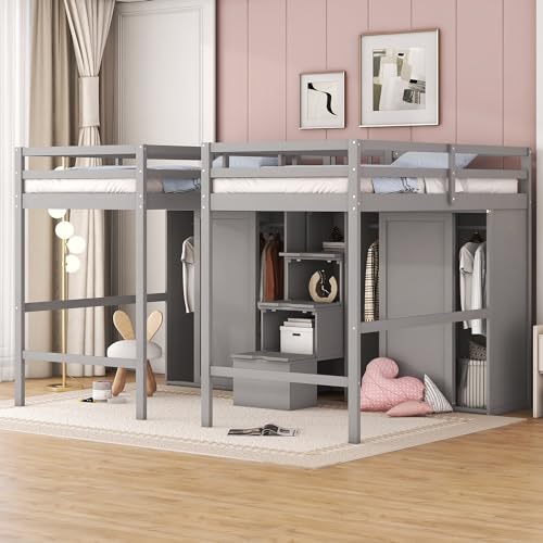 BOVZA Double Twin Size Loft Bed with Storage Stairs and 2 Wardrobes, Wood Loft Bed Frame with Staircase for 2 Kids Girls Boys Teens, Gray